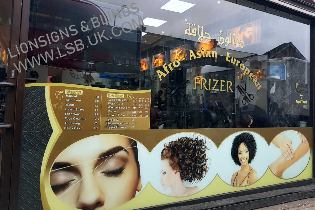 barber beauty salon window graphic | Lion Signs & Blinds