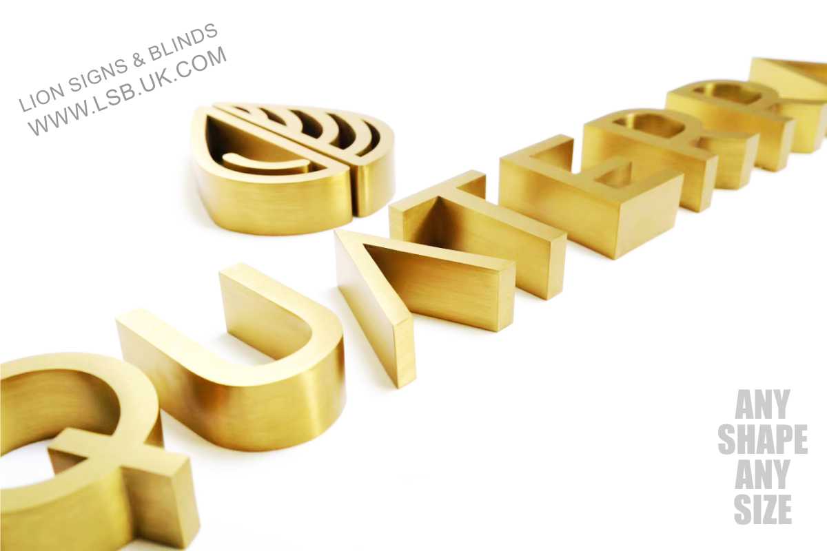 brushed gold internal sign london | Lion Signs & Blinds